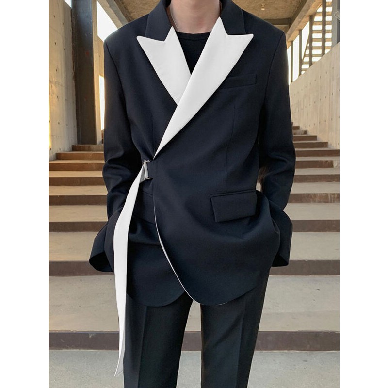 Men Irregular Patchwork Belted Casual Long Sleeve Blazer Sale - Mskufo ...